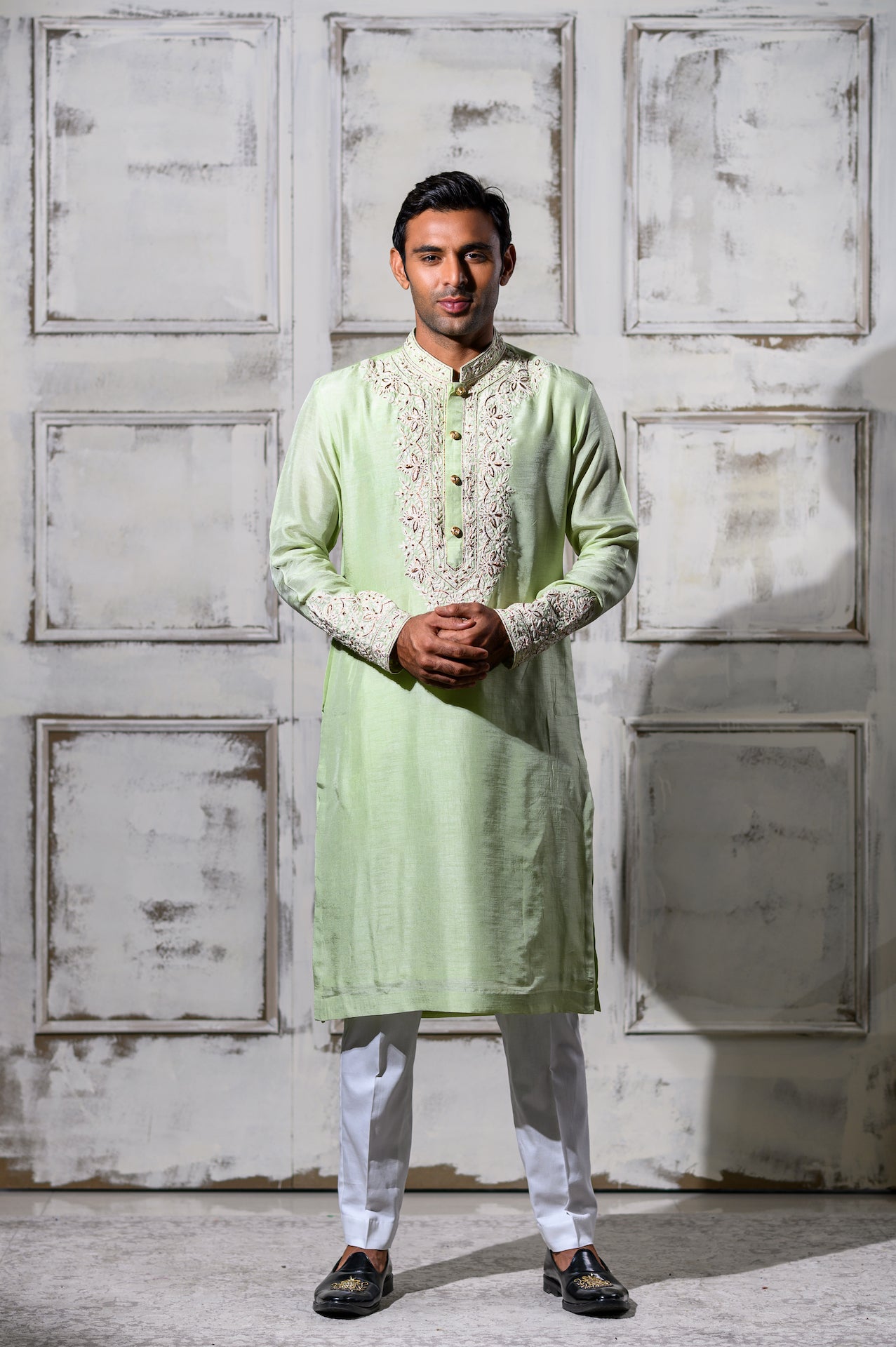 Suvir – Parrot Green Kurta with Gold Handwork | House Of Dechen